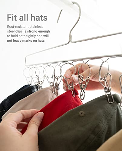 Mkono Hat Organizer Hanger for Closet Set of 2 Baseball Cap with 20 Clips Stainless Steel Rack Holder Caps, Silver Hangers Organizer, Fits All Pieces