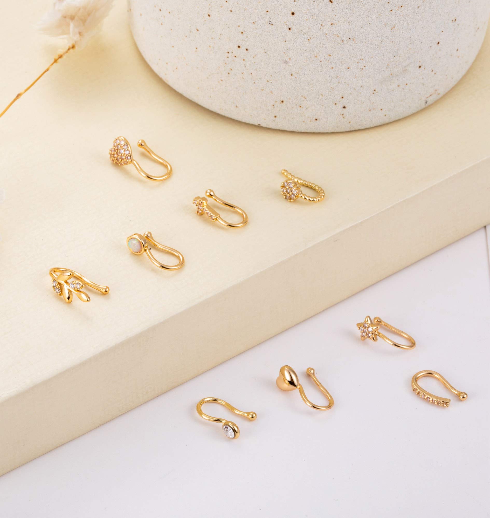 Masedy 9Pcs Fake Nose Rings Hoop Clip On Faux Setump Cartilage Tragus Ring Non Piercing Jewelry G