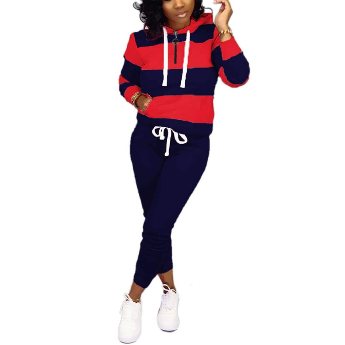 Nimsruc Two Piece Outfits For Women Jogging Suits Casual Sweatsuits Jogger Tracksuits Long Sleeve Hoodie Matching Sets Red Blue S