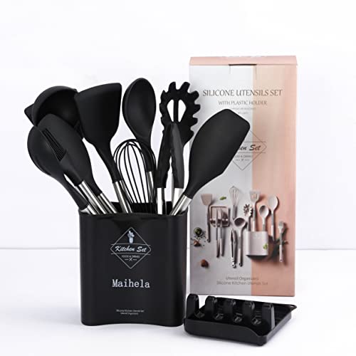 Kitchen Cooking Utensils Set, Non-Stick Silicone Essential Kitchen Accessories, 13 piece Cookware Gadgets with Spatulas, Spoons, Soup Ladle, whisk, Tongs, Pasta Server, Egg Brush (Black)