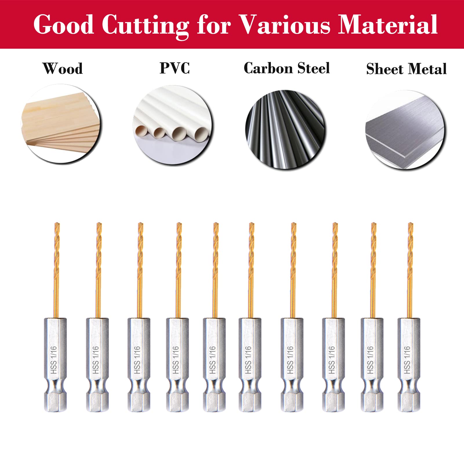 SATTDMAIC 1/16 Hex Shank Drill Bit Set - Titanium Twist Drill Bit Set for Wood, Plastic, Aluminum Alloy, Metal, Impact Driver Drill with Quick Change Adaptor
