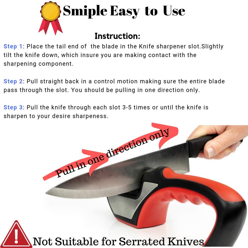 Kitchen Knife Sharpener - 3 Stage Manual Pull Though knife sharpener, that restore's, repair, and sharpens your kitchen knives with just a couple pulls in the sharpening slots