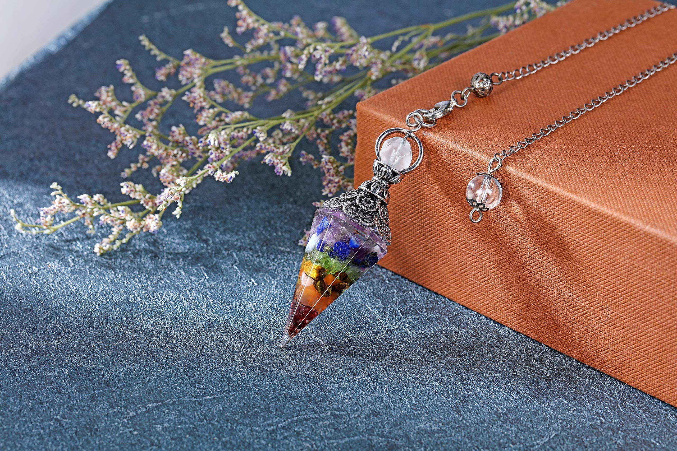 Jovivi 7 Chakra Healing Crystal Pendulums for Dowsing Divination 6 Facet Pointed Healing Wicca Dowsing Balancing Spiritual Resin Gemstone Point Pendant Pendulums