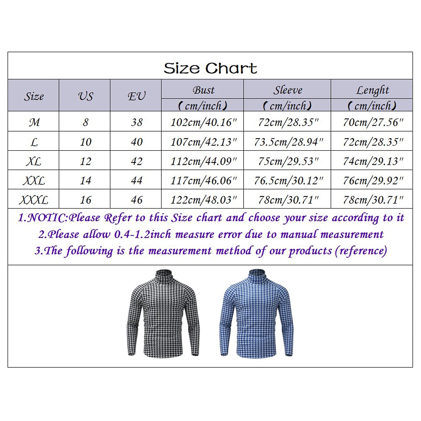 Mens Slim Fit Turtleneck T Shirt Check Houndstooth Lightweight Winter Long Sleeve Warm Underwear Tunic Top(Blue,X-Large)