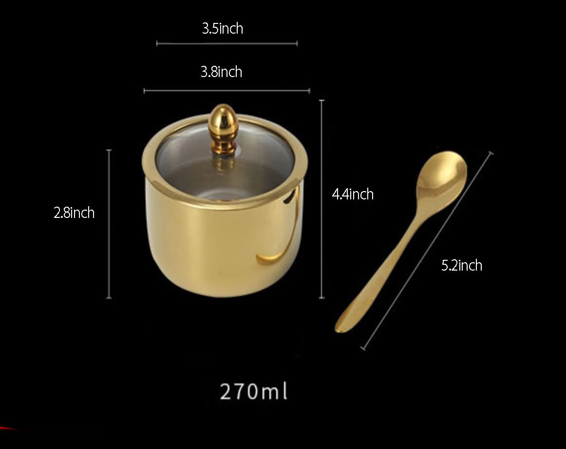 Mozacona Gold Stainless Steel Sugar Bowl Spice Jar Seasoning Pot Storage with Lid Spoon