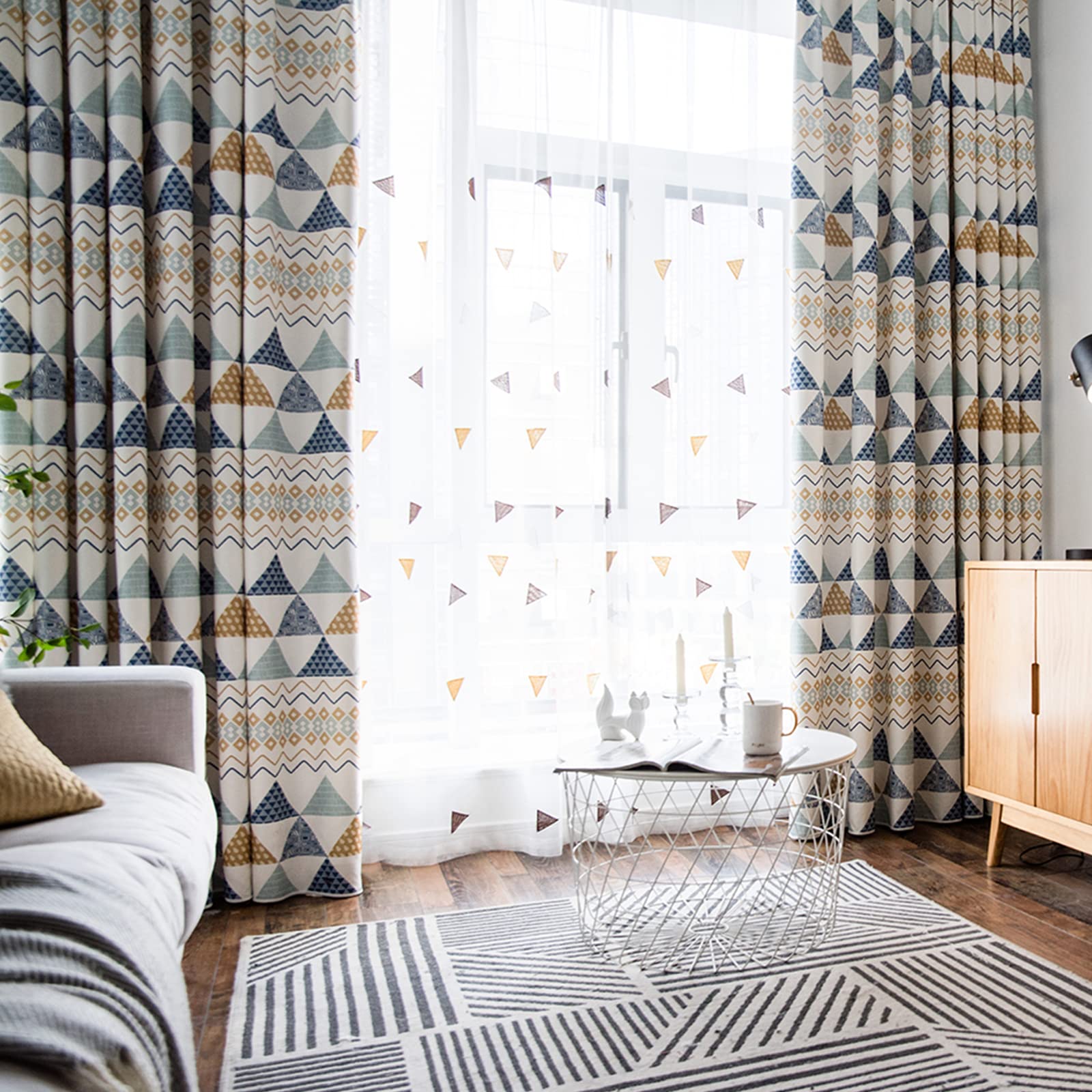 Linen Blackout Window Curtain Triangle Geometric Boho Curtains 96 Inch Long Kids Room Darkening Window Panel Drapes Set for Living, Dining, Bedroom,Diamond Print Window Treatment Drapes ,2 Panels