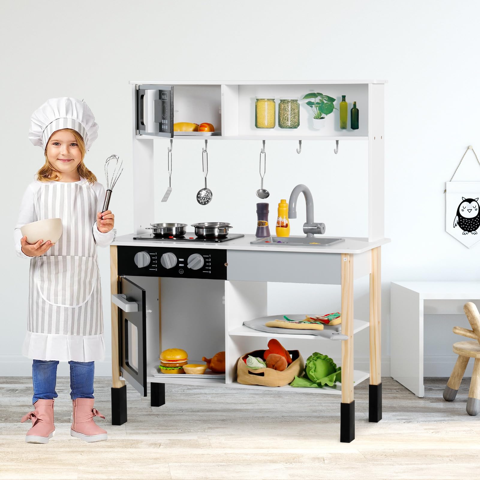 Kinder King Wooden Kids Play Kitchen, Toy Kitchen Playset for Toddler, Pretend Oven with Light & Sound, Interactive Door, Microwave, Knobs, Realistic Kitchen Set for Boys Girls Age 3+, Black