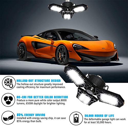 LED Garage Light, 60W Collapsable Garage Ceiling Lights 6000 Lumens, CRI 80 Shop Light for Garage, Tribright Mining Lamps with 3 Adjustable Panels, LED Light Bulbs for Basement Warehouse Etc.(1 Pack)