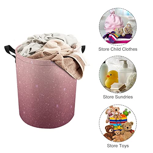 Rose Gold Glitter Laundry Basket Pink Bling Printed Laundry Hamper Collapsible Round Girls Dirty Clothes Hamper Toys Storage Basket with Drawstring for Kids Bedrooms Nursery