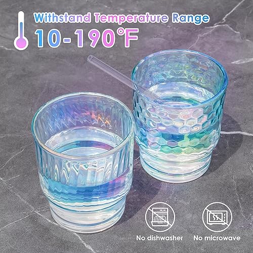 NiHome Glass Tumblers with Straws and Lids, Iridescent Iced Coffee Cup Drinking Glassware with Wide Mouth,Rainbow Glass Drinking Jars for Beer, Whiskey, Cocktail, Beverages & Soda Drinks, 2PCS 12oz