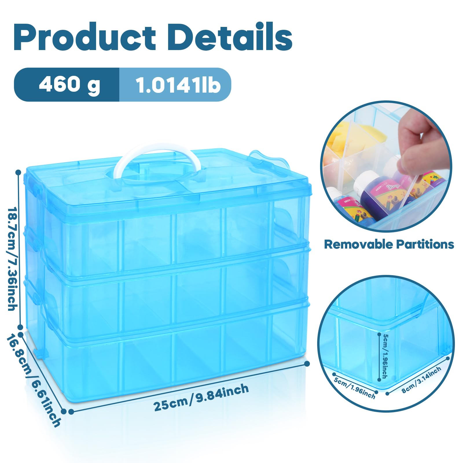 Tavolozza 3-Tier Blue Craft Storage Container, Stackable Organizer Box with 30 Compartments and a Chic Handle,Perfect for Toy,Crafting,Art Supplies,DIY Lovers