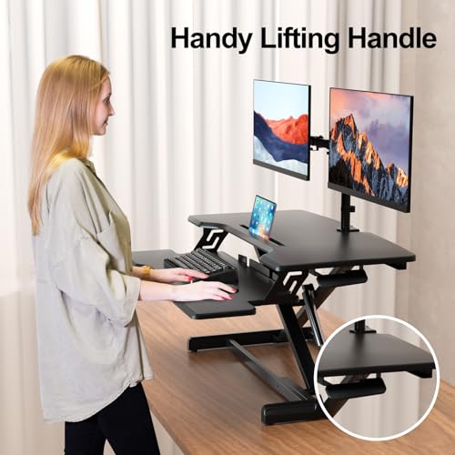 Joy Seeker Standing Desk Converter 30 Inches Stand up Desk Riser, Height Adjustable Dual Tier Sit Stand Tabletop Monitor Riser Workstation for Home Office with Deep Keyboard Tray for Laptop