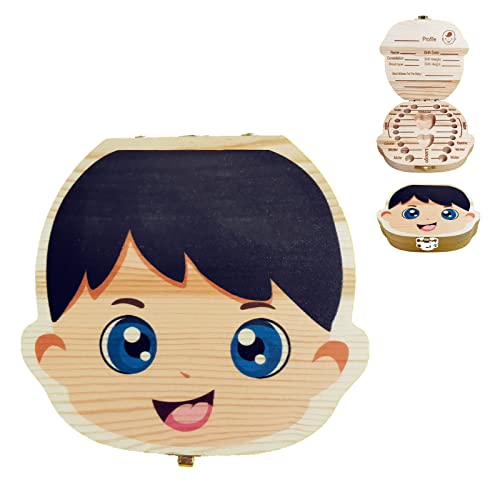 THINKELS-TECH Baby Tooth Box Wooden Kids Keepsake Organizer for Baby Teeth Cute Children Tooth Container to Keep the Childhood Memory (Boy)