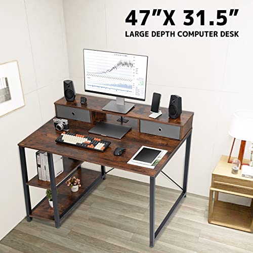 TOPSKY 47βx 31.5β Computer Desk with Drawers, Monitor Stand, Storage Shelf, 3-Port Charging Station (Rustic Brown)