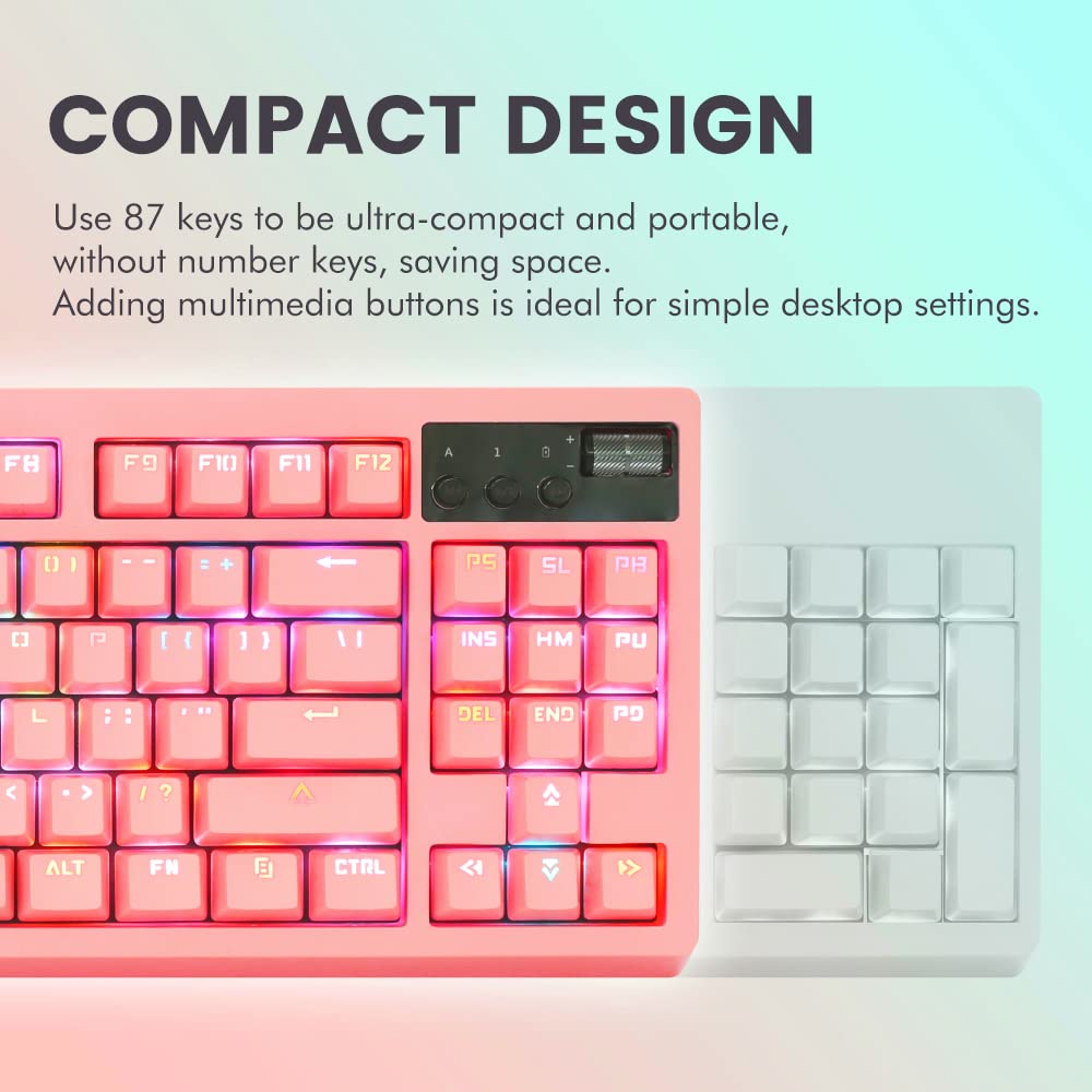 K51 Wireless Gaming Keyboard and Mouse Combo, Wireless Mechanical Keyboard/RGB Backlit Compact 87 Key/4000DPI Mouse, Rechargeable 3800mAh Battery for PC Gaming and Office-Pink