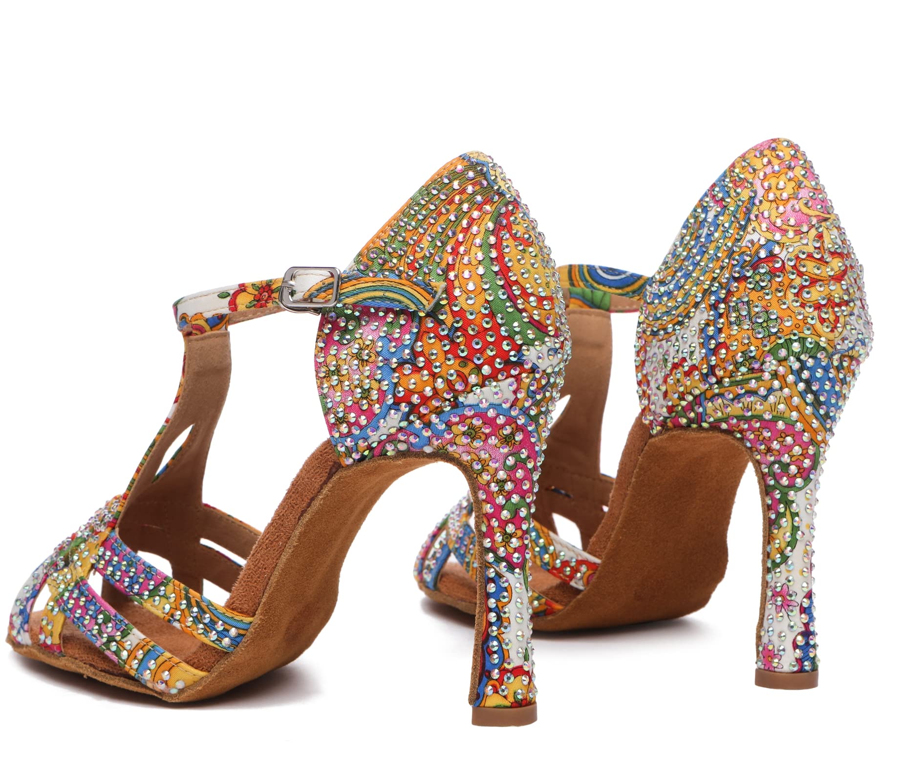 Minishion T-Strap Dance Shoes for Women Rhinestones Wedding Sandals L547 Multicolor US 9