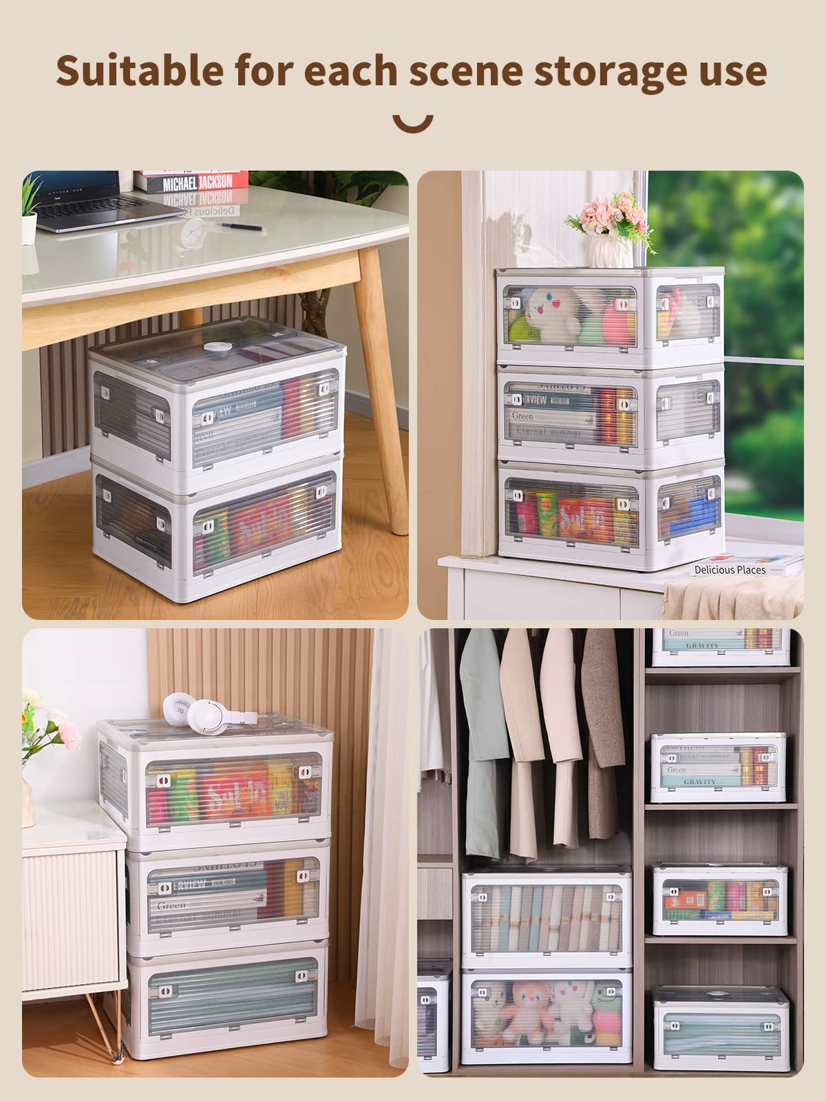 JOYBOS Storage Bins with Lid, 11Gal Collapsible Plastic Storage Bins, Stackable Closet Organizers and Storage, Five Door Large Folding Storage Boxes Containers with Wheels for Home(11 Gal - 3 Pack)