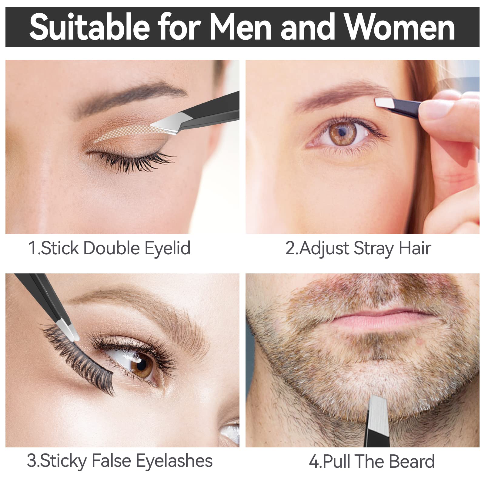 Tweezers Set 4-Piece Stainless Steel Tweezers for Women and Men