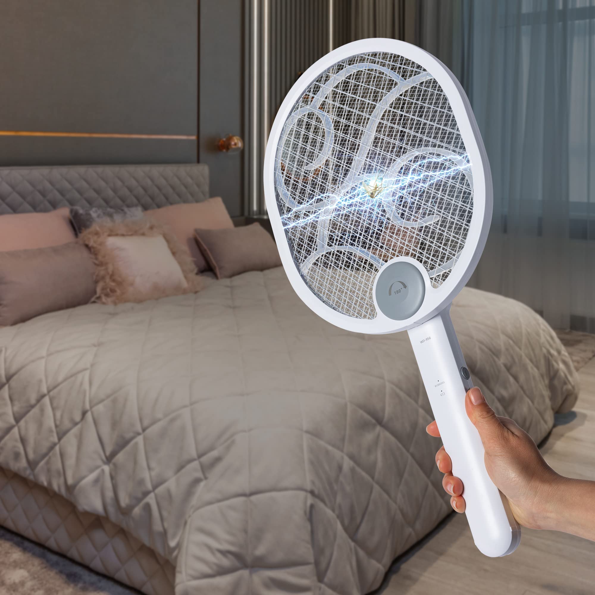 POWIFY 2 in 1 Foldable Electric Fly Swatter, USB Rechargeable Bug Zapper Racket with UV Light, 3 Layers Mesh Mosquito Swatter for Mosquito Fly Gnat Wasp (1 Pack)