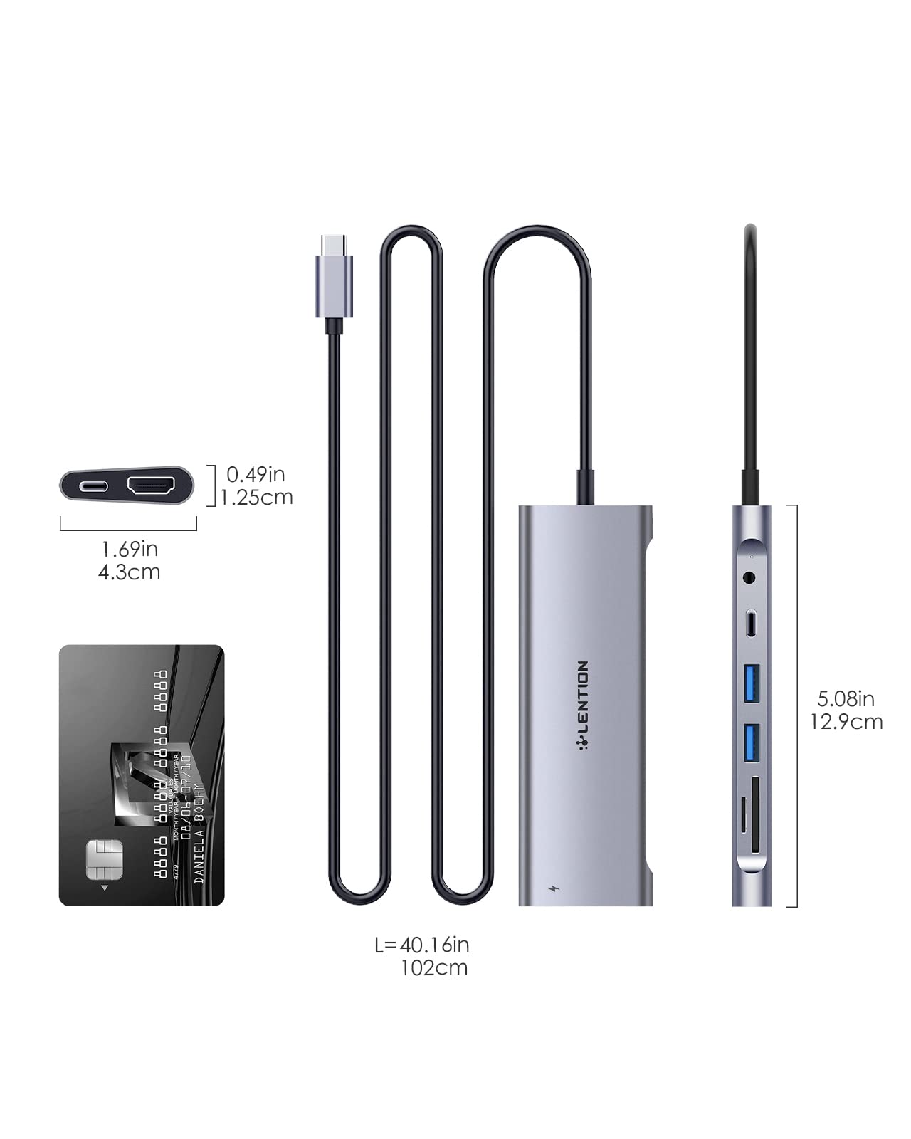LENTION 3.3FT Long Cable USB C Hub with 4K HDMI, 2 USB 3.0, Card Reader, Aux, Type C Data/Charging Compatible 2023-2016 MacBook Pro, Mac Air/Surface, More, Stable Driver Adapter (CB-C37, Space Gray)