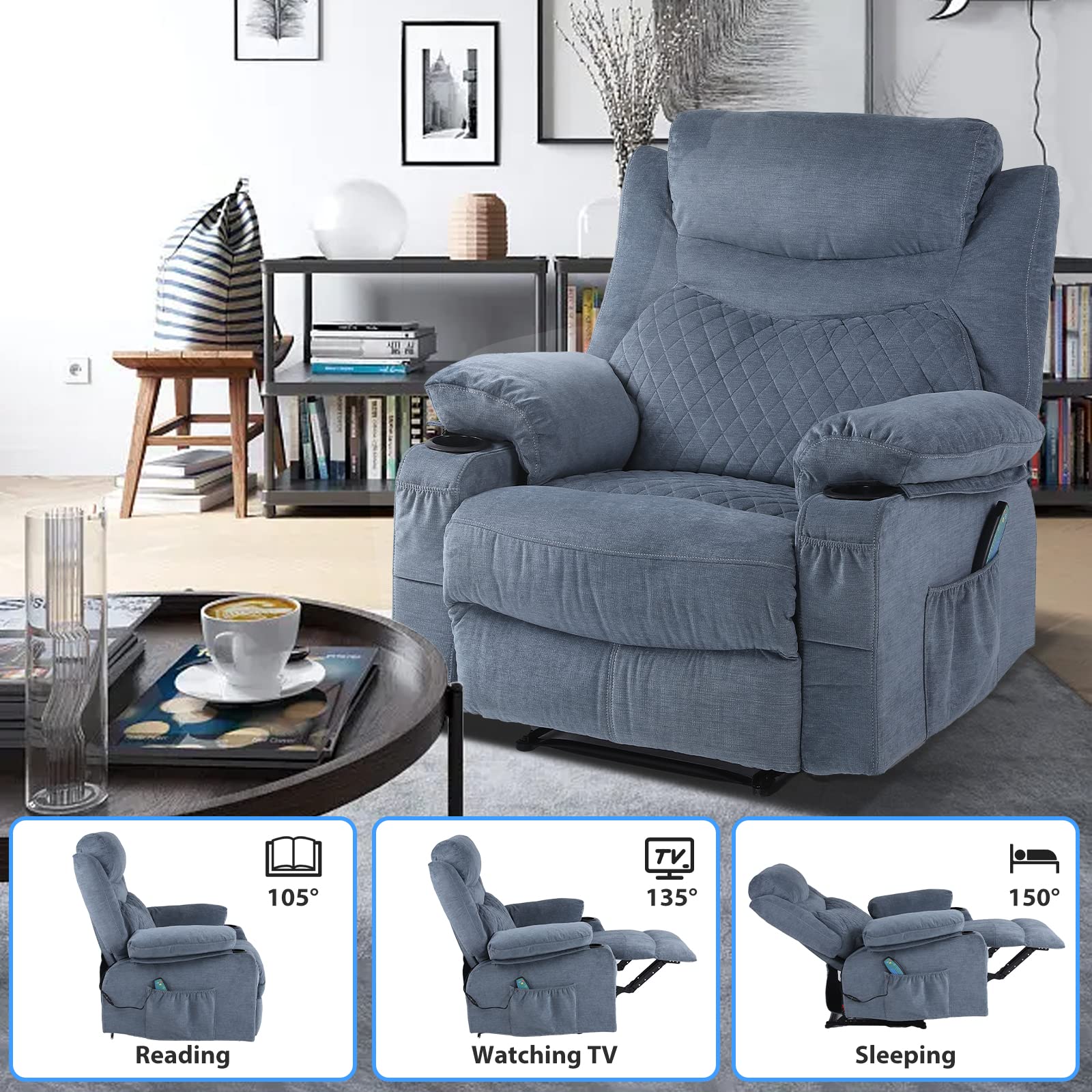 Kasorix Overstuffed Massage Recliner Chairs with Heat, Fabric Manual Reclining Chair with Cup Holders, Home Theater Seating Single Recliner Sofa (Blue), Medium(300lbs)