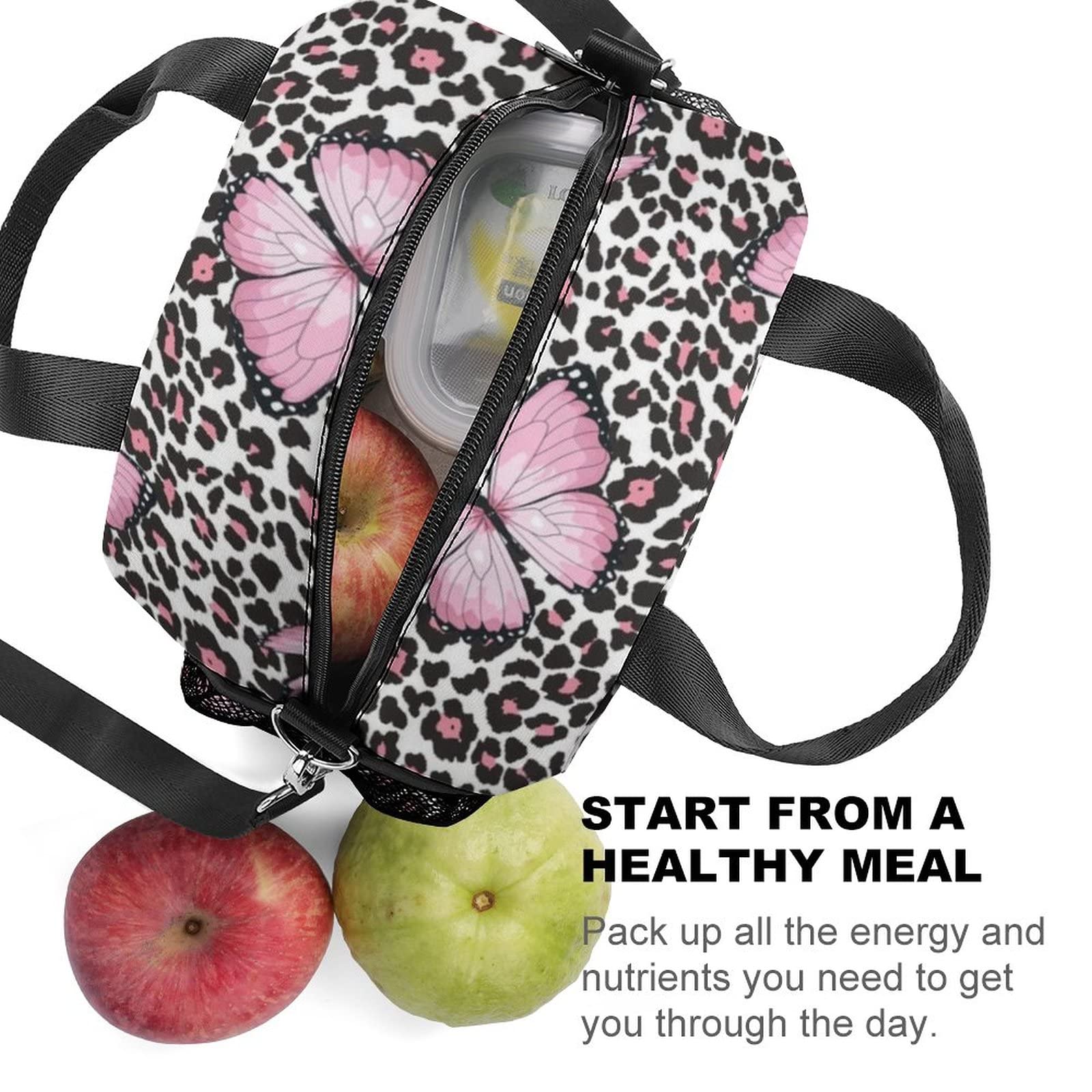 Pink Butterfly Leopard Lunch Bag, Lunch Box Portable Insulated Lunch Tote Bag, Thermal Cooler Bag for Women Work Outdoor