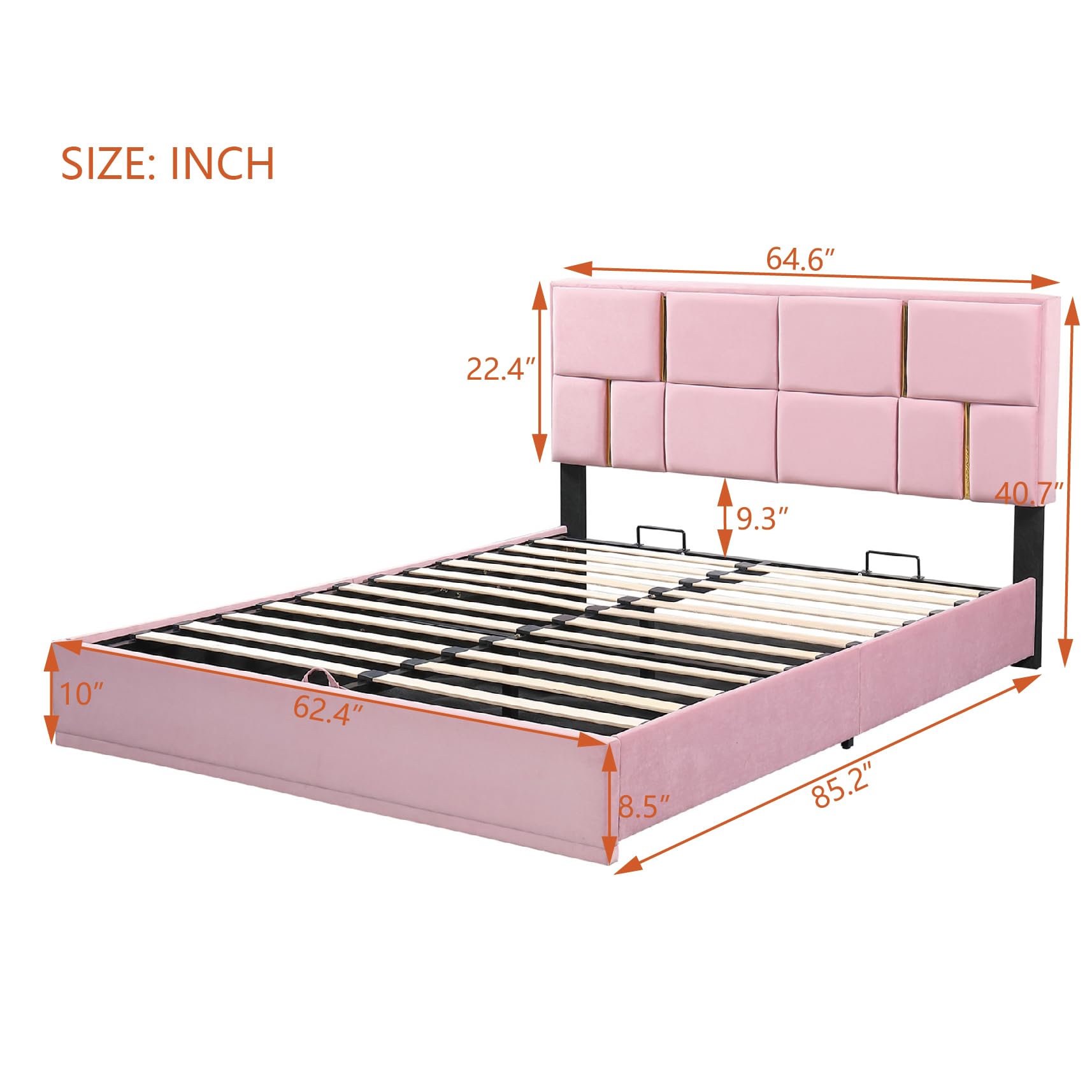 JIVOIT Upholstered Platform Bed with Hydraulic Storage System, Queen Size Storage Bed with Headboard and Wood Slats Support, Space Saving Wood Platform Bed Frame for Bedroom (Pink,Bed,5)