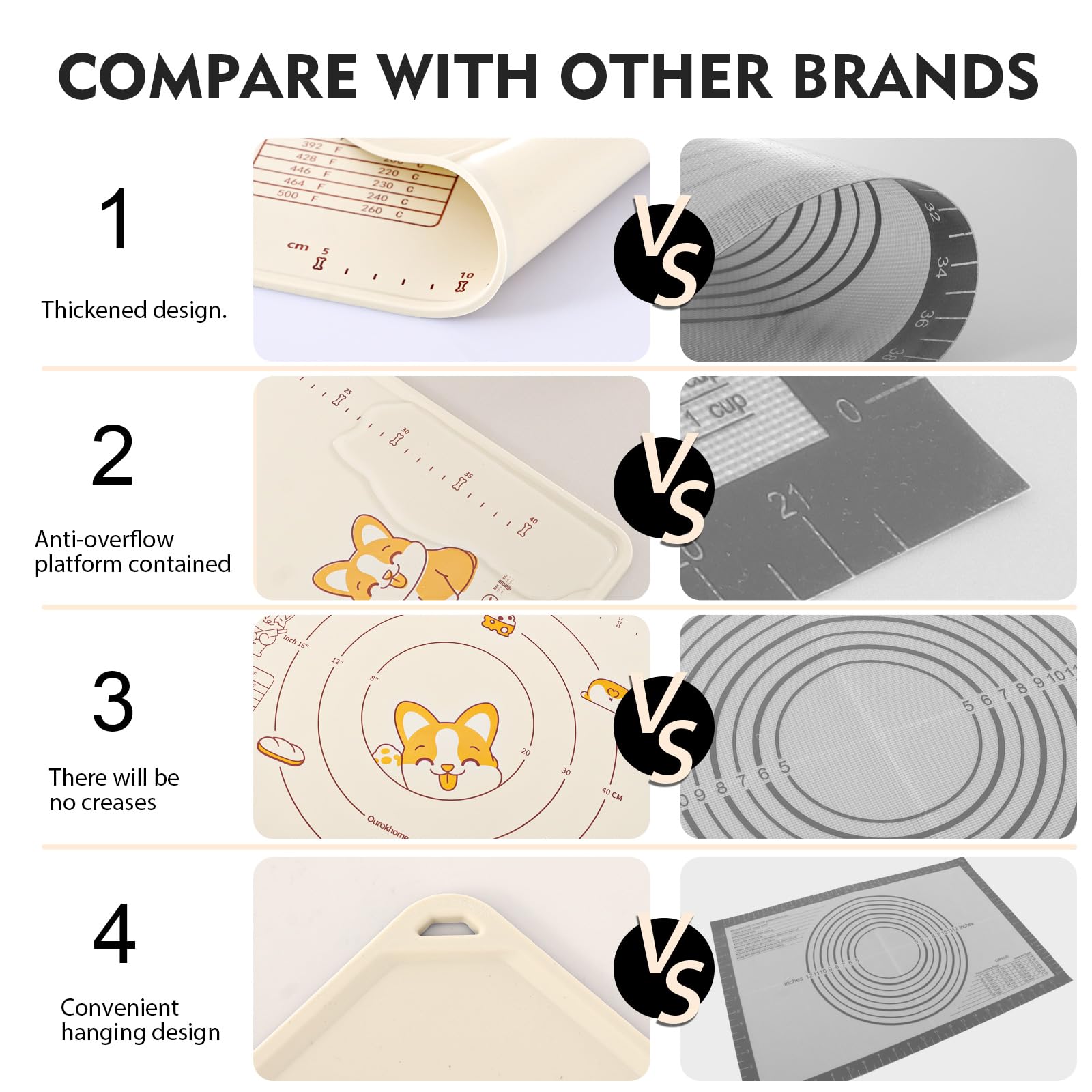 Ourokhome Silicone Baking Mat Sheet and Pastry Dough Cutter, 0.5 Inch Thick 20'' X 16" BPA free Silicone Rolling Mat, Non-Stick and Anti-Slip, Dishwasher Safe (Beige)