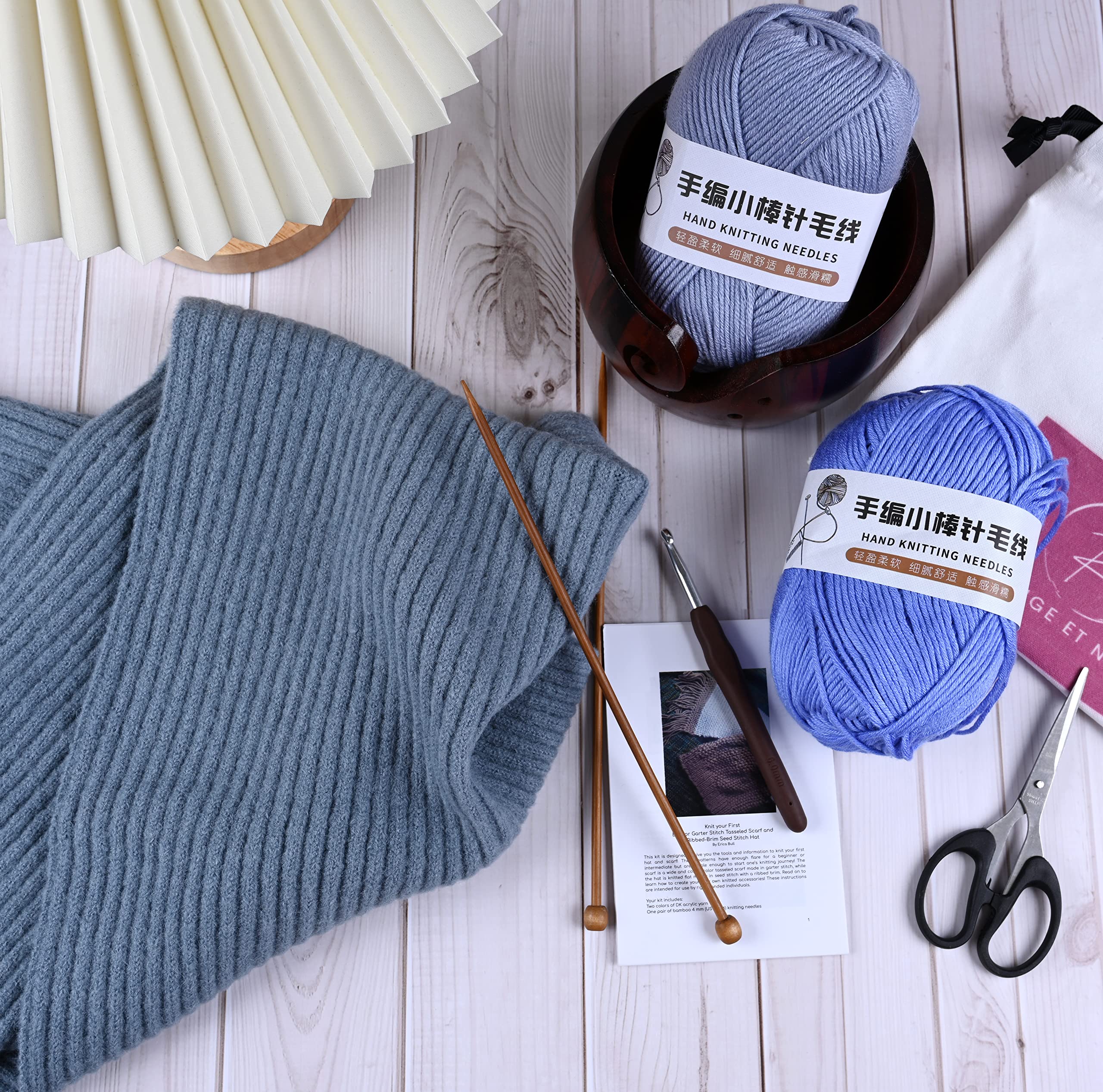 Knitting Kit for Beginners Adults & Kids, Knitting Starter Kit Learn to Knit Your Scarf & Hat with Instructions, Yarn Bowl, Knitting Needles & All Beginner Knitting Accessories