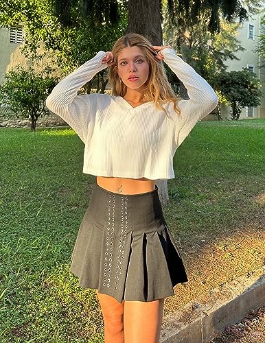 Zeagoo Women Waffle Knit Shirts Cropped Long Sleeve Top Fashion V Neck Pullover Sweaters White