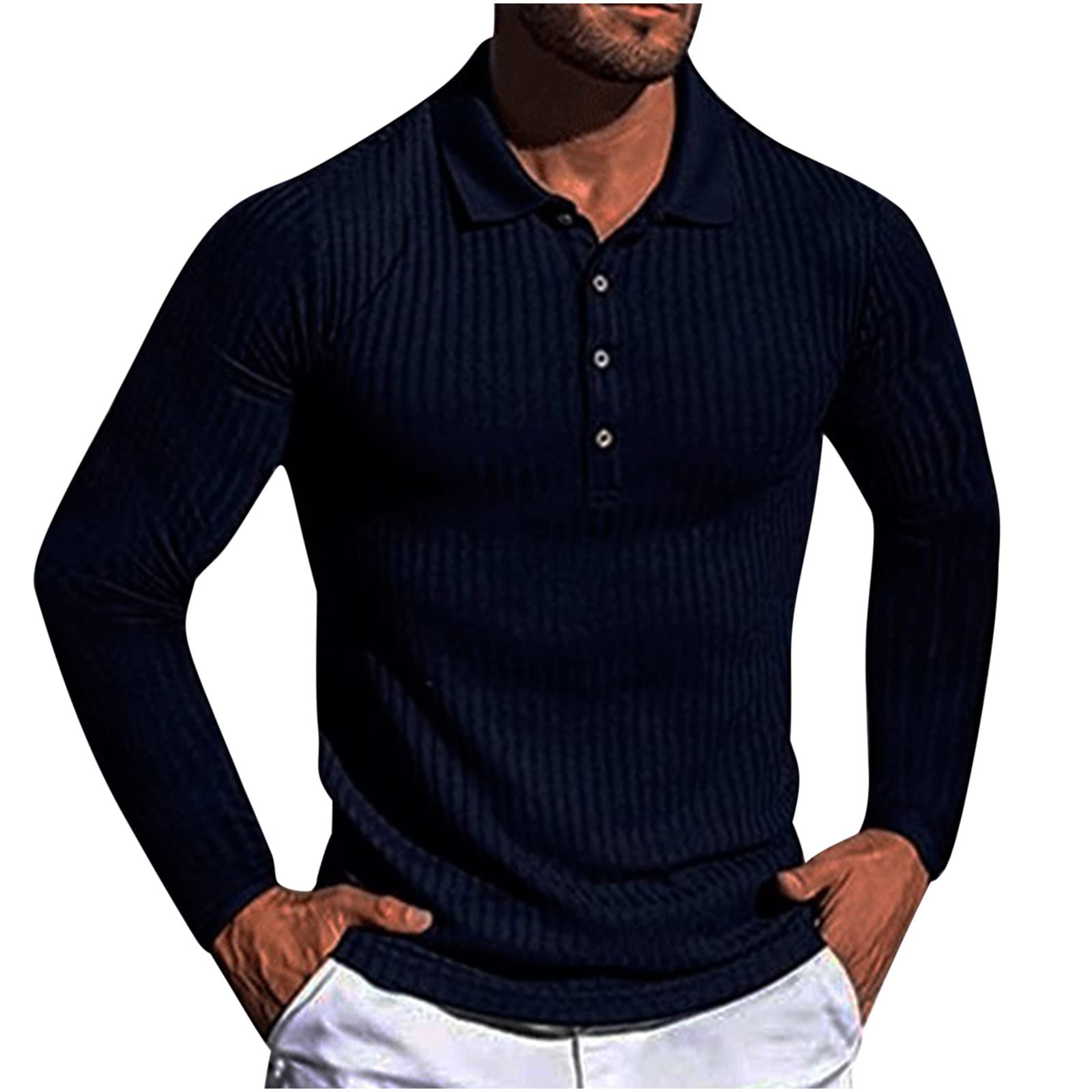 MEOILCE Long Sleeve Knit Polo Shirts Mens Slim Fit Casual Basic Button Up T-Shirt Fashion Stretch Ribbed Golf Shirts Navy