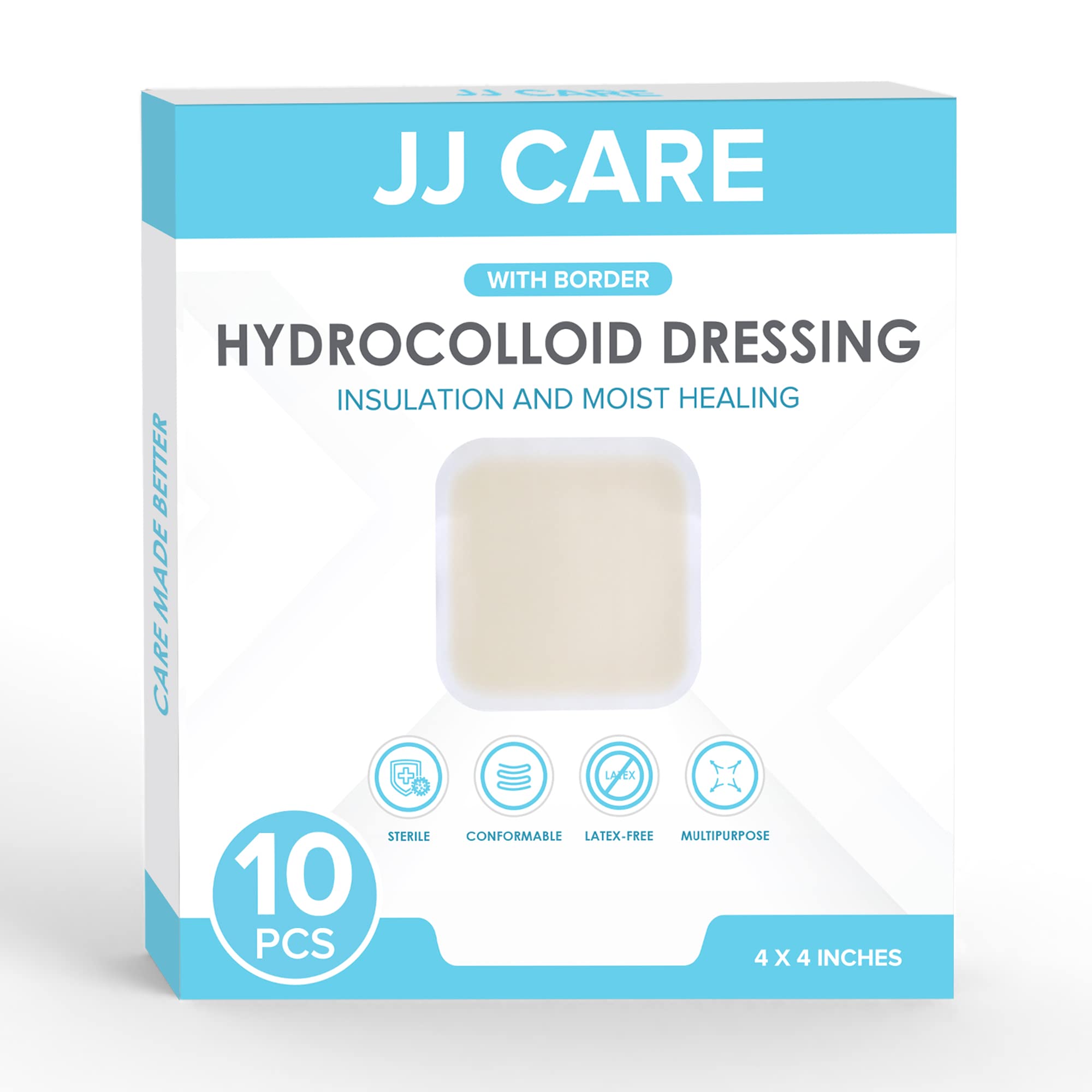 JJ CARE Hydrocolloid Dressing 4x4 [Pack 10], 0.8MM Thick Large Hydrocolloid Bandages with Border, Self-Adhesive Thin Hydrocolloid Wound Dressing, Wound Care Bandages for Bedsores and Blisters