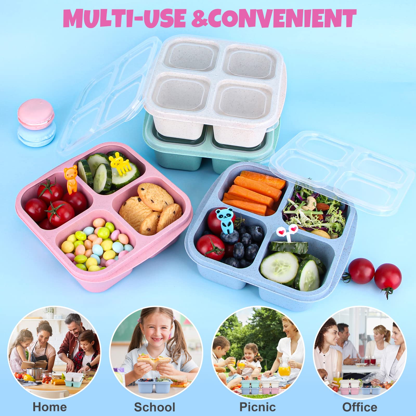 MaMix 4 Pack Snack Containers for Kids,4 Compartment Bento Snack Box,Snack Containers for Adults/Toddlers/, Reusable Lunch Containers Meal Prep Container for School Travel (wheat)