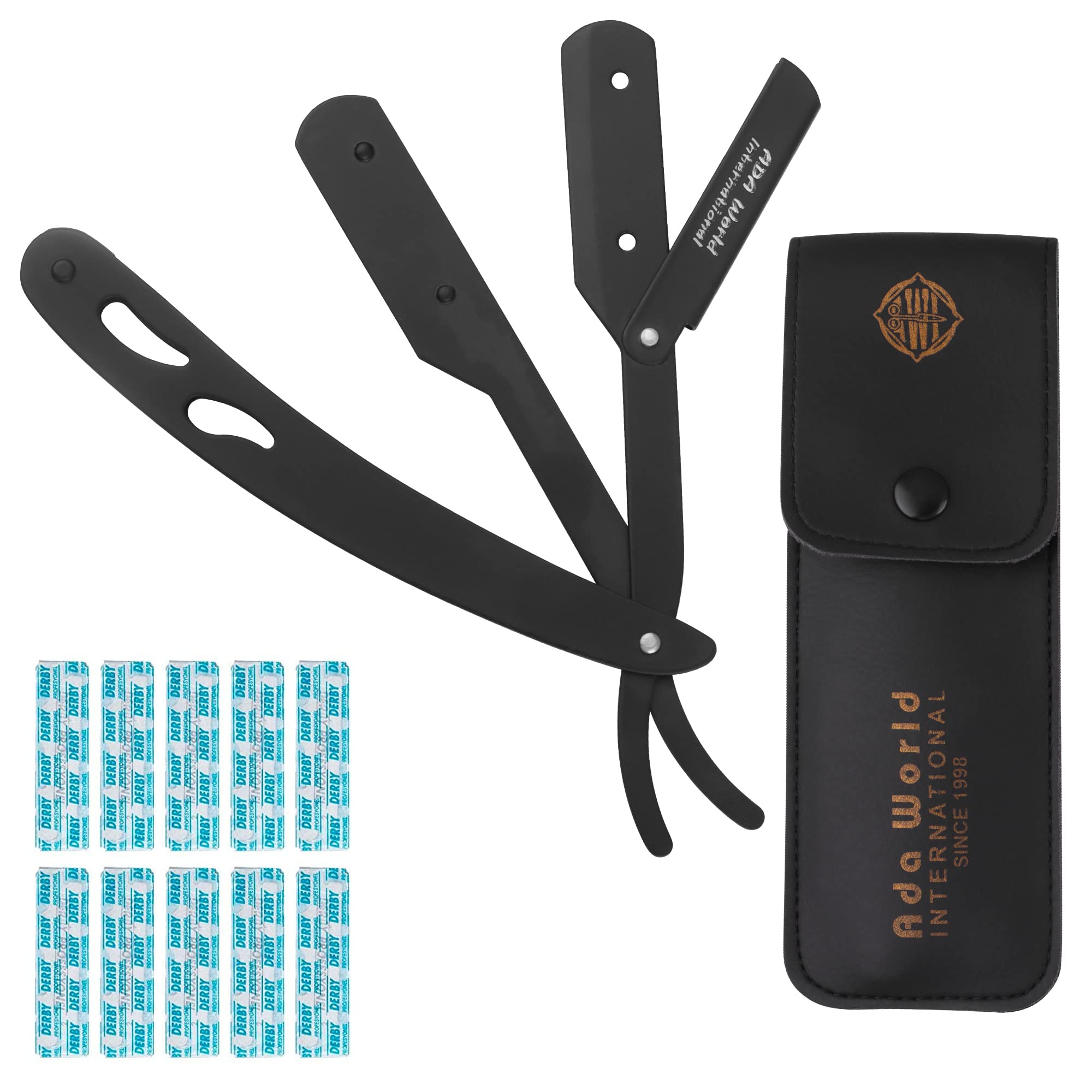 Professional Straight Edge Shaving Razor Barber Razors For Men + Single Blades 10 Pcs, Men's Manual Shaver Salon Quality Matte Black (Black)