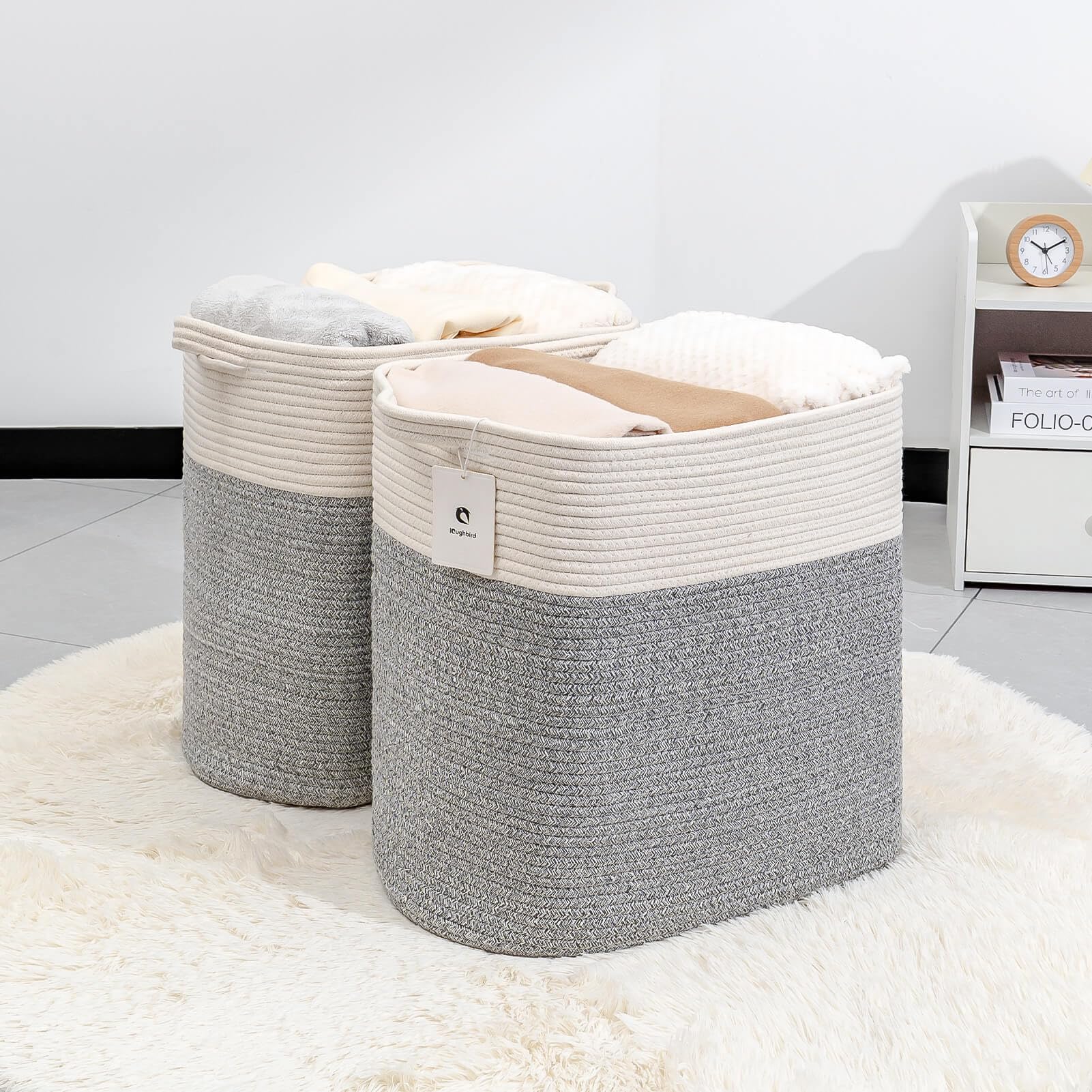 Laughbird Tall Storage Bins Rectangle Basket Cotton Extra Large Toy Storage Hamper Rectangular with Handles,Decorative Blanket Laundry Basket for Living room,Dog Baskets Large Basket for Toys 2 pack