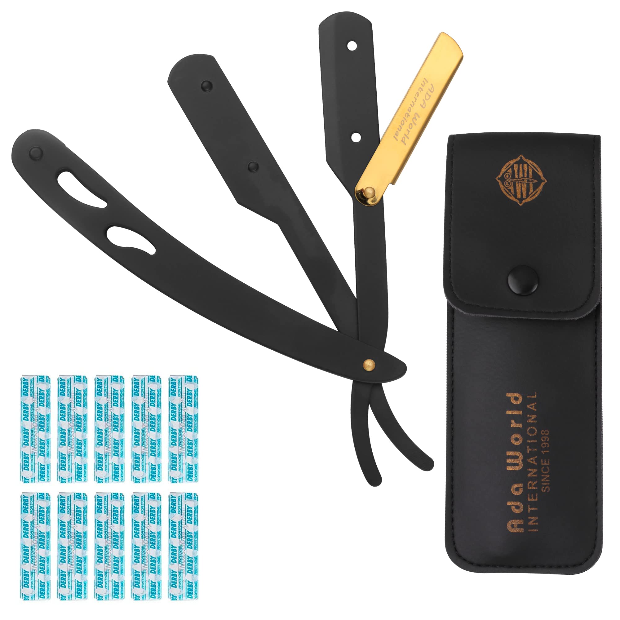 Professional Straight Edge Shaving Razor Barber Razors For Men + Single Blades 10 Pcs, Men's Manual Shaver Salon Quality Matte Black (Mat-Gold)