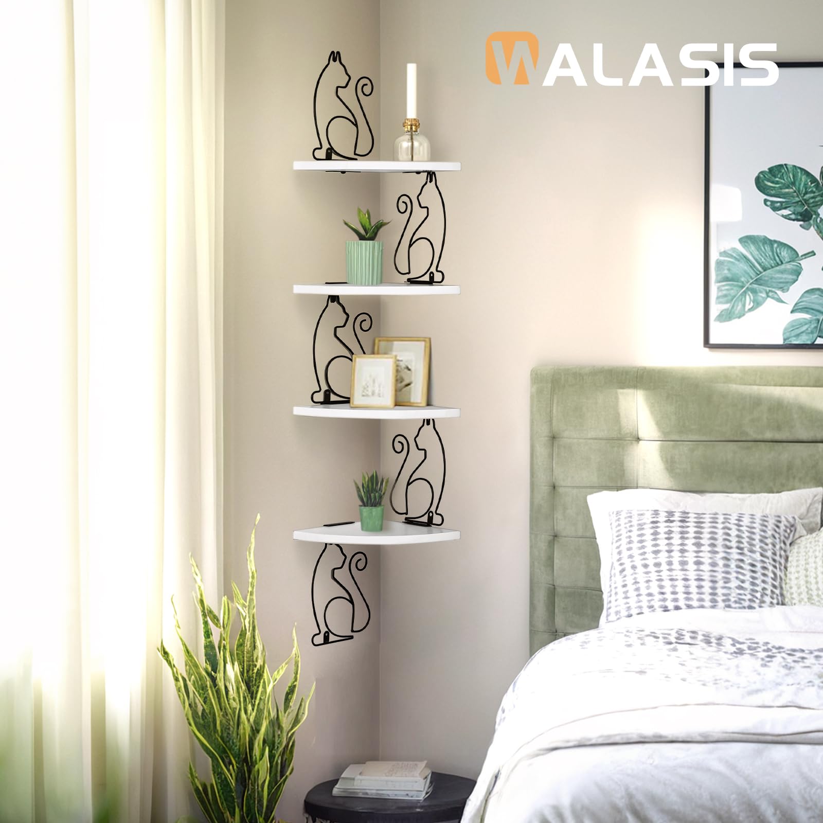 Walasis Corner Floating Shelves 4-Tier- Cute Wall Corner Shelves for Storage Wood Wire Cat Decorations for Bedroom
