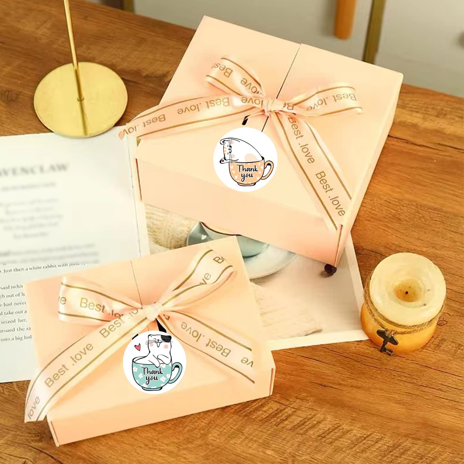 Seaokais Thank You Stickers, 1.5'',Round,Cute Cat Cartoon,500pcs per Roll (2 Rolls)