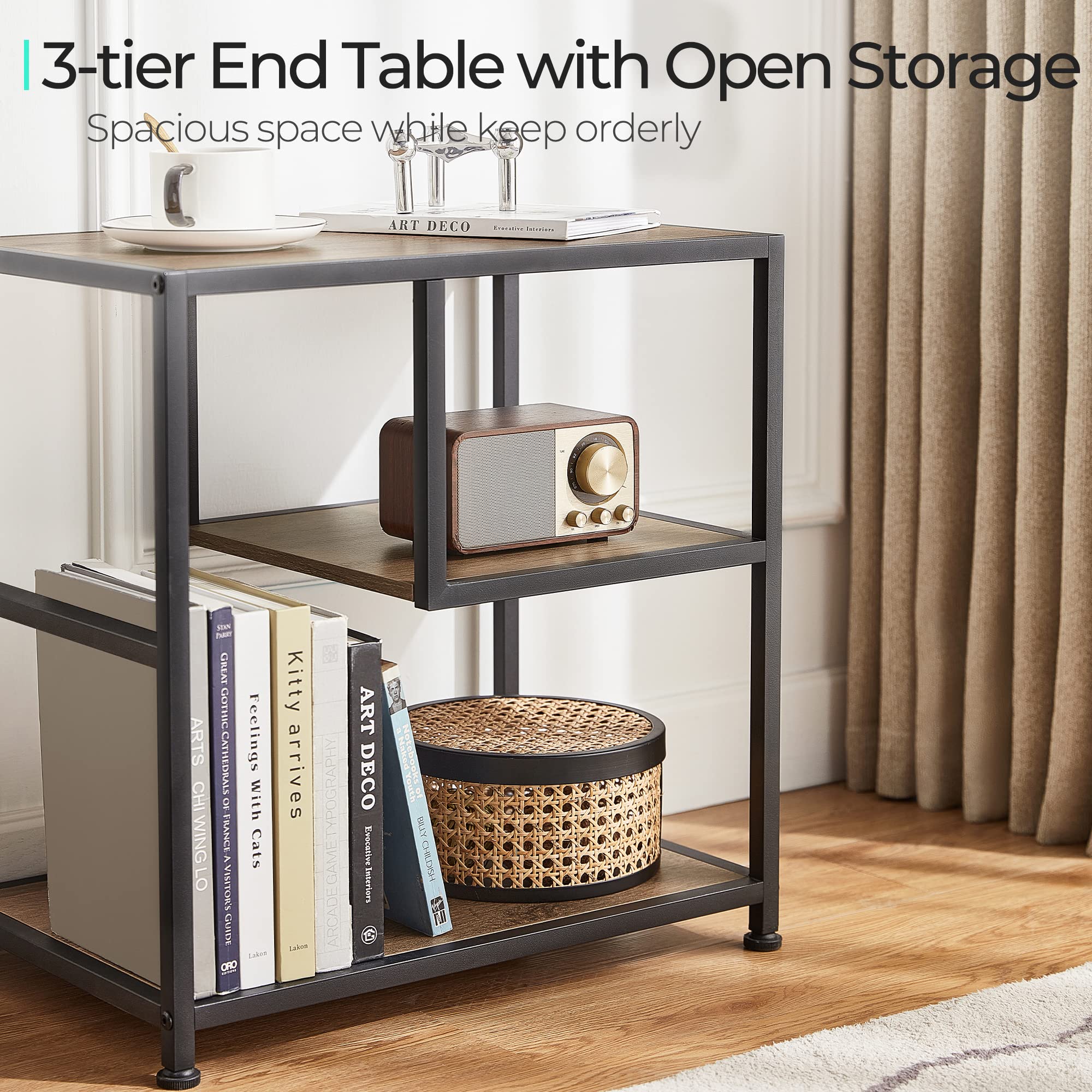 LINSY HOME End Table, 3-Tier Narrow Side Table with Storage Shelves, Industrial Beside Sofa Table, Solid Nightstand for Living Room, Bedroom, Balcony, and Office, Easy to Assembly, 20.4 in x 15.7 in