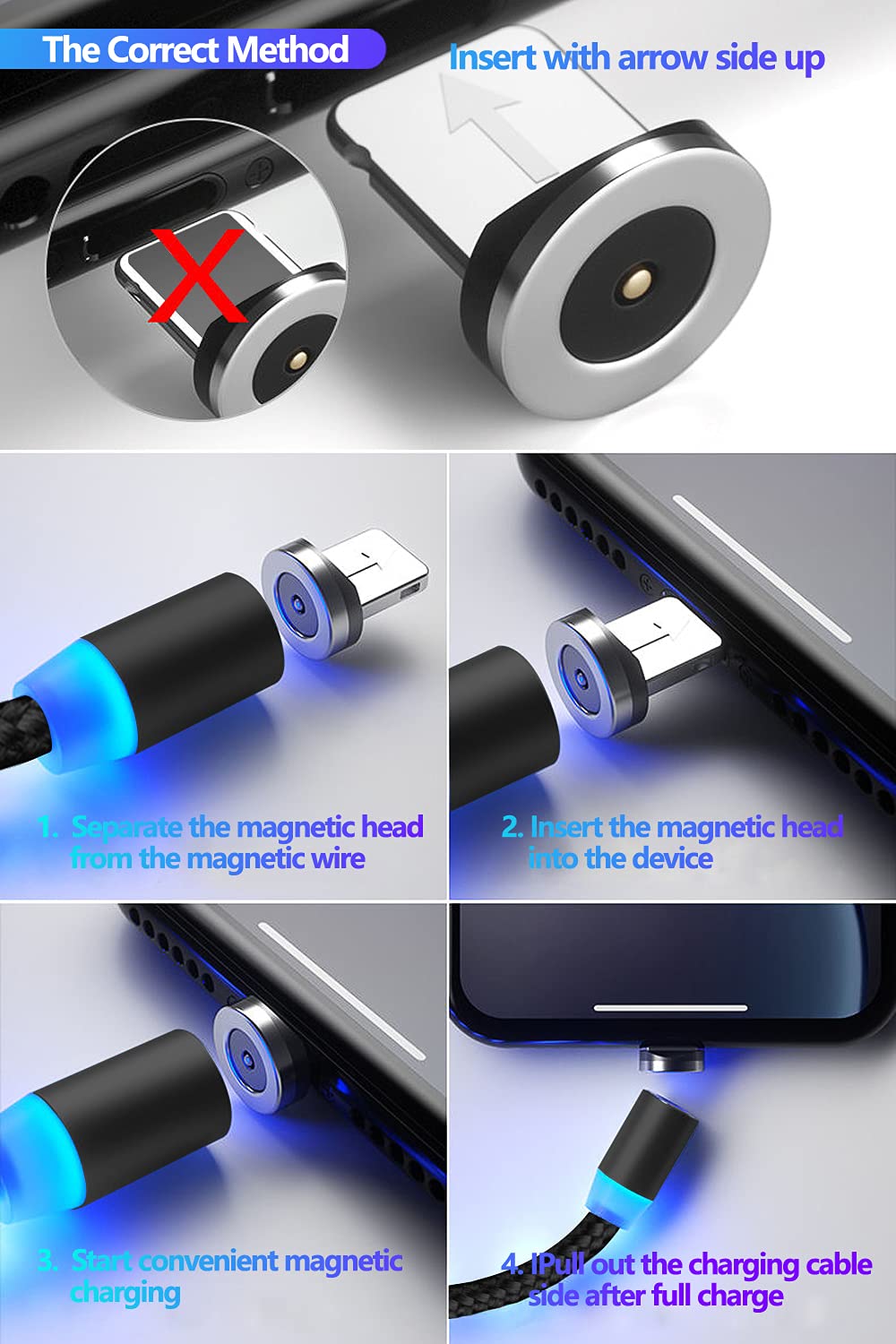 NKV Magnetic Charging Cable (5-Pack 3/3/6/6/10ft), Nylon Braided Magnetic Charger with Led Light, 90° Angle Connector, Nylon-Braided Cords Black