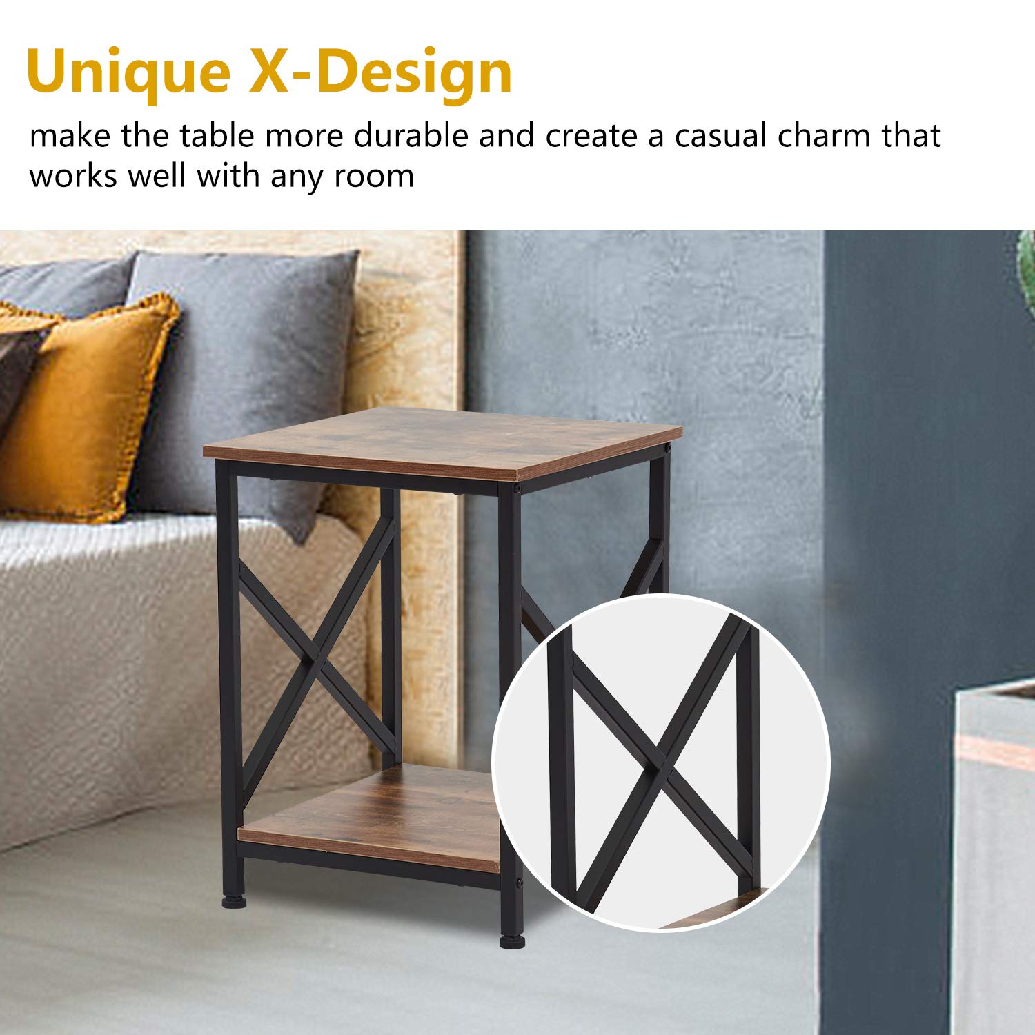 Kinsuite End Tables Nightstand Industrial Sofa Side Tables with Storage Shelf Metal Frame Accent Furniture for Living Room Bedroom, Rustic Brown