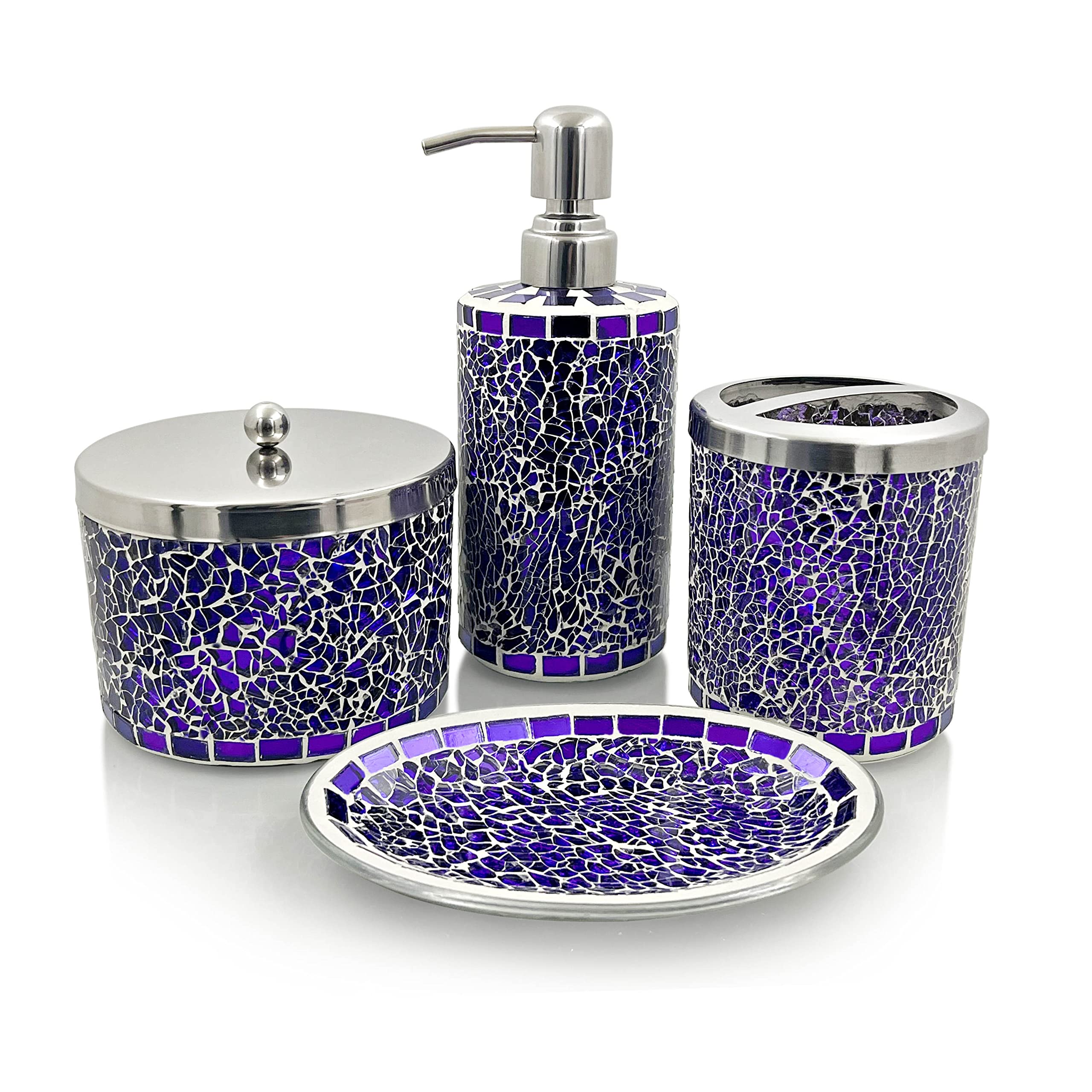 LushAccents Bathroom Accessory Set, 4-Piece Decorative Glass Bathroom Accessories Set, Soap Dispenser, Soap Tray, Jar, Toothbrush Holder, Elegant Seafoam Green Mosaic Glass