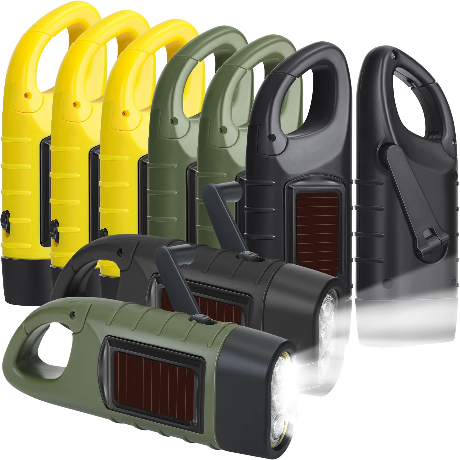 Leelosp 9 Pieces Hand Crank Solar Powered Flashlights, Emergency Rechargeable LED Flashlight Survival Flashlight Gear Self Powered Charging Torch for Outdoor Sports Hiking Camping, Green Yellow Black