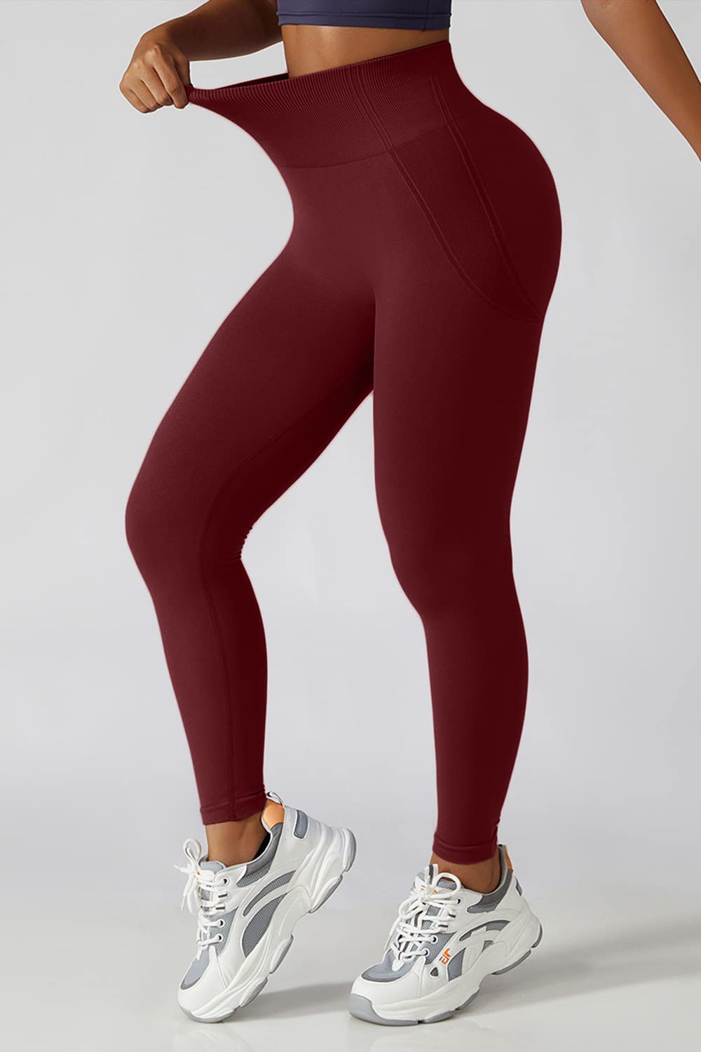 QINSEN Womens's Seamless Workout Pants Tummy Control High Impact Ankle Length Leggings Wine S