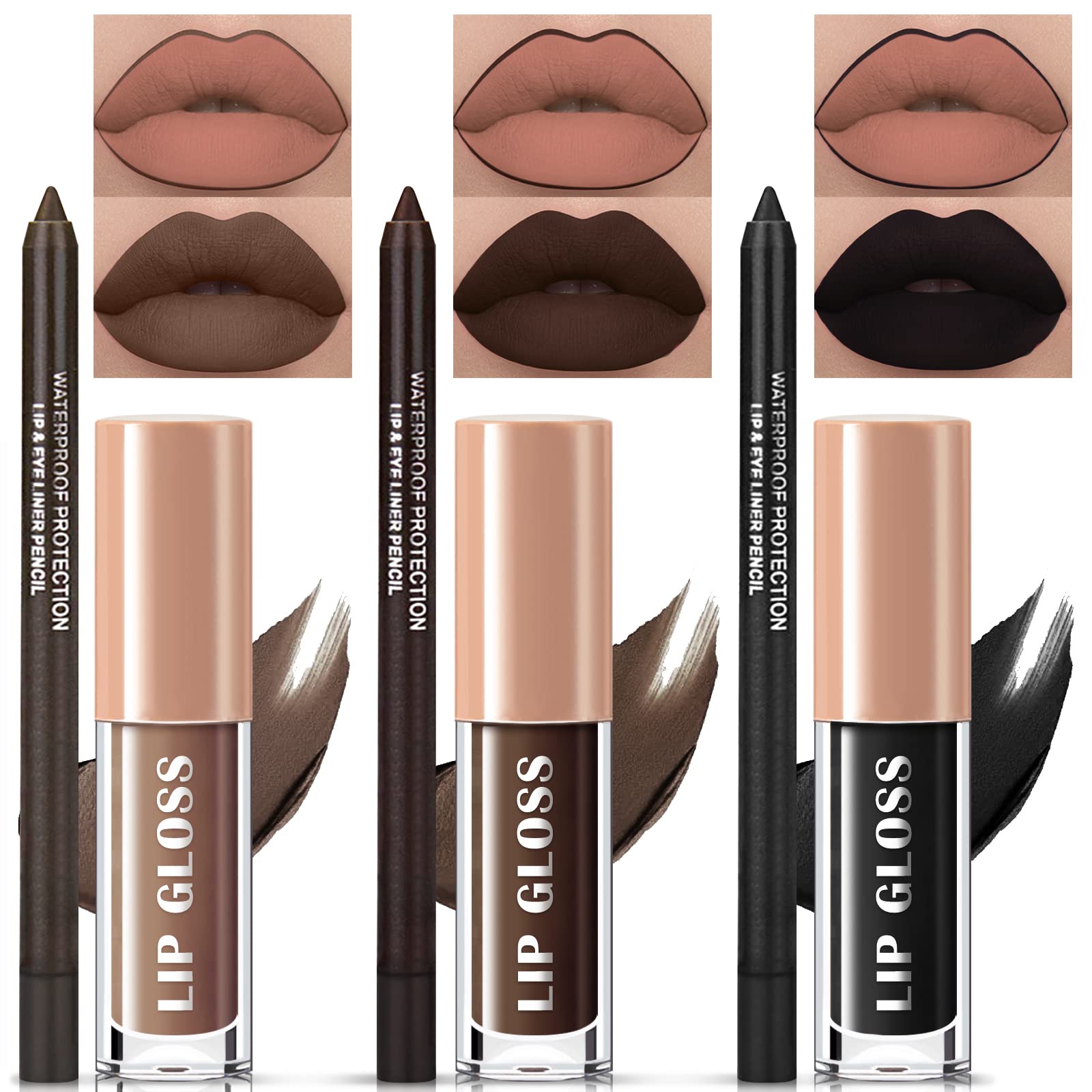 NewBang 3 Colors Dark Black Lipstick and Lipliner,Matte Liquid Lipstick Set,Black Brown Lip Stain Lip Gloss and Lip Liner Waterproof Longlasting Lip Halloween Christmas Makeup(6 pcs)
