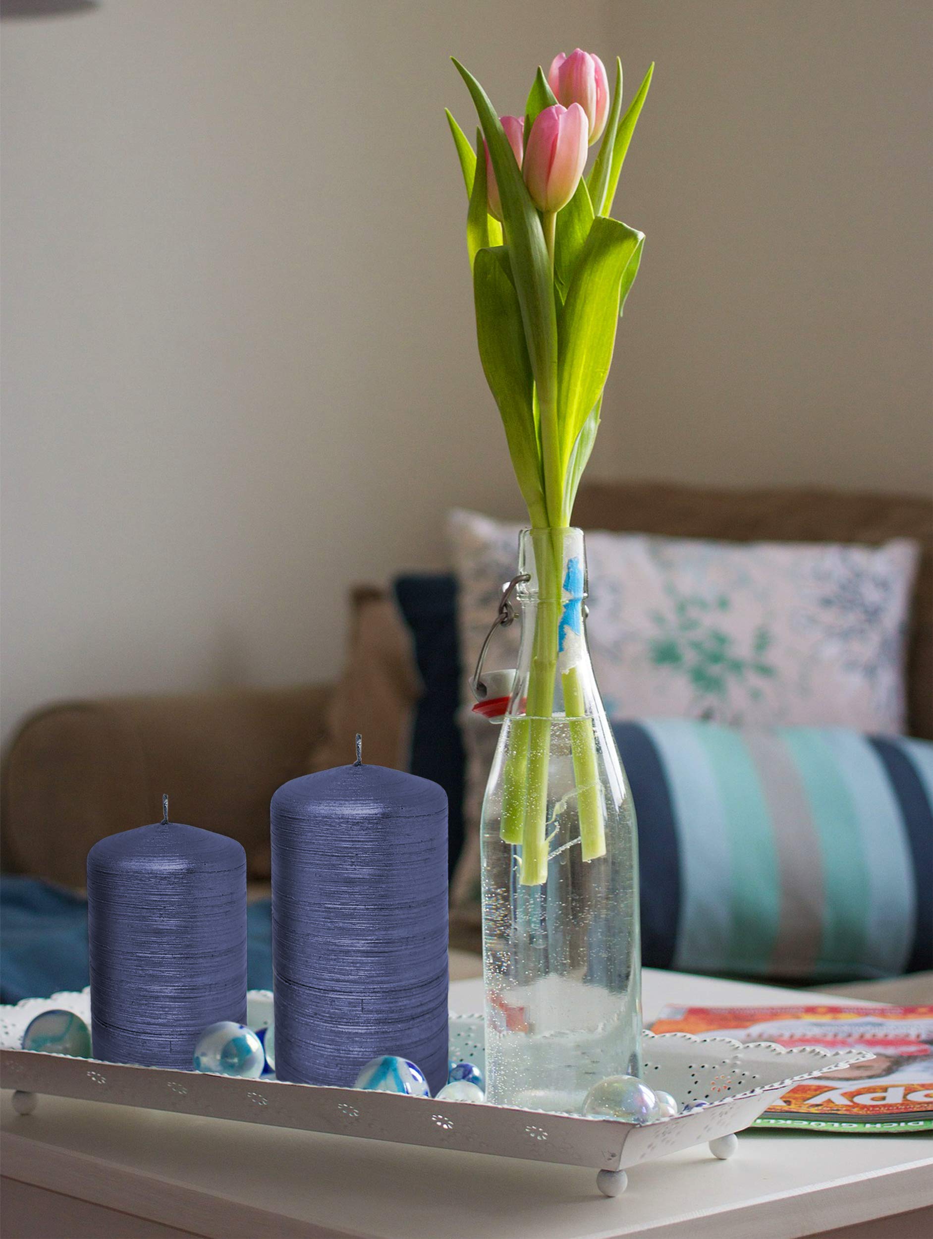 Hyoola Brushed Metallic Pillar Candles - 6 Pack - Navy Blue Pillar Candles - European Made Decorative Pillar Candles - 2.4 Inch x 4 Inch
