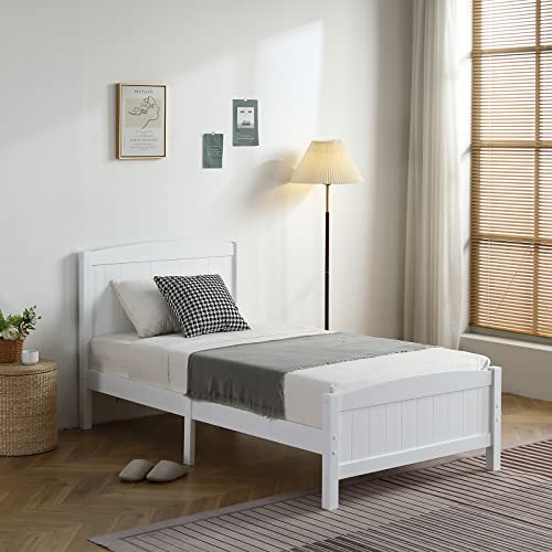TOVRON Wood Bed Frame Twin Size with Curved Headborad and Footboard White Platform Bed with Wood Slat Single Panel Bed with Extra Support, No Box Spring Needed