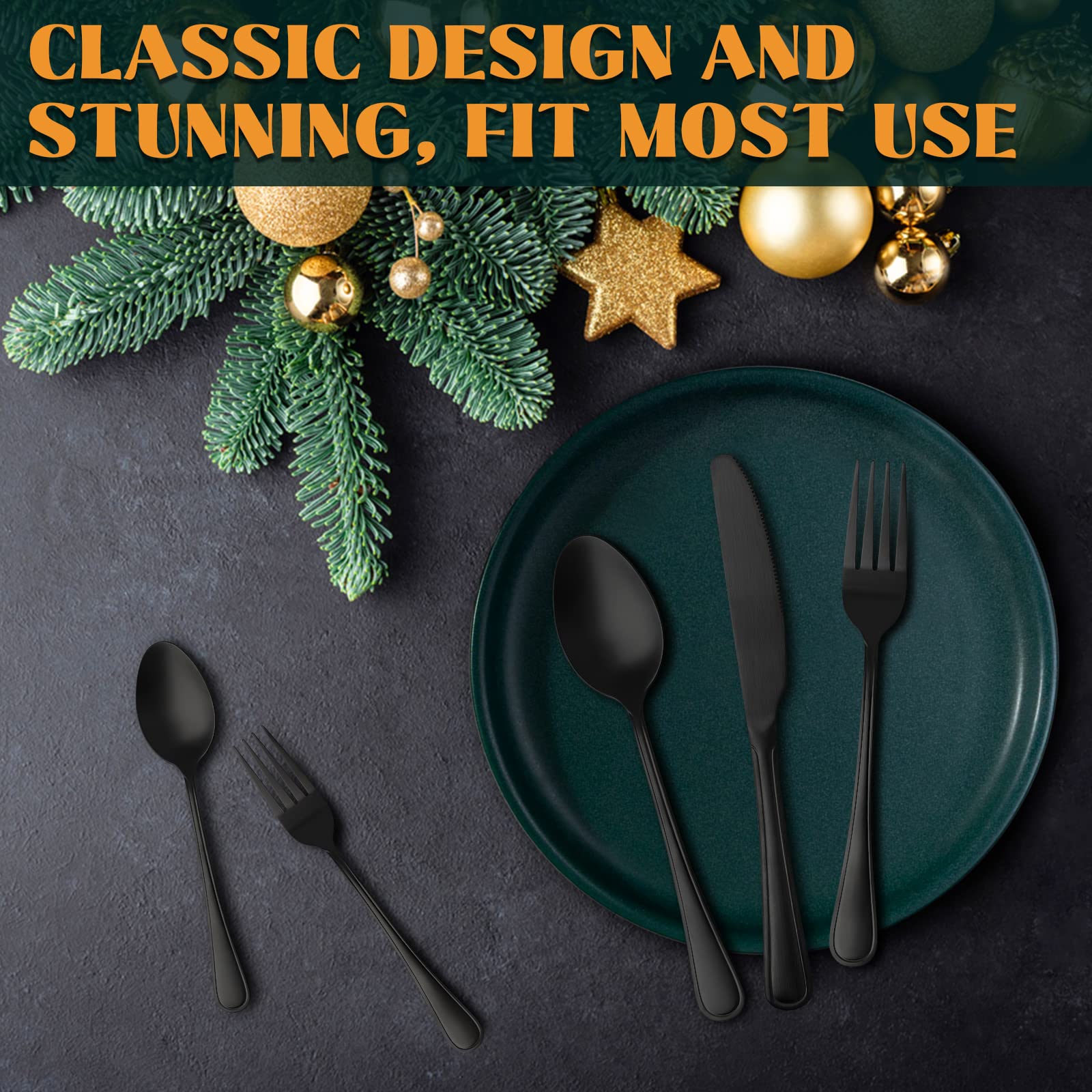 KONIGEEHRE 60 PCS Matte Black Silverware Set for 12, Stainless Steel Flatware Cutlery Set For Home Restaurant Hotel, Kitchen Utensils Set, Mirror Polished, Dishwasher Safe
