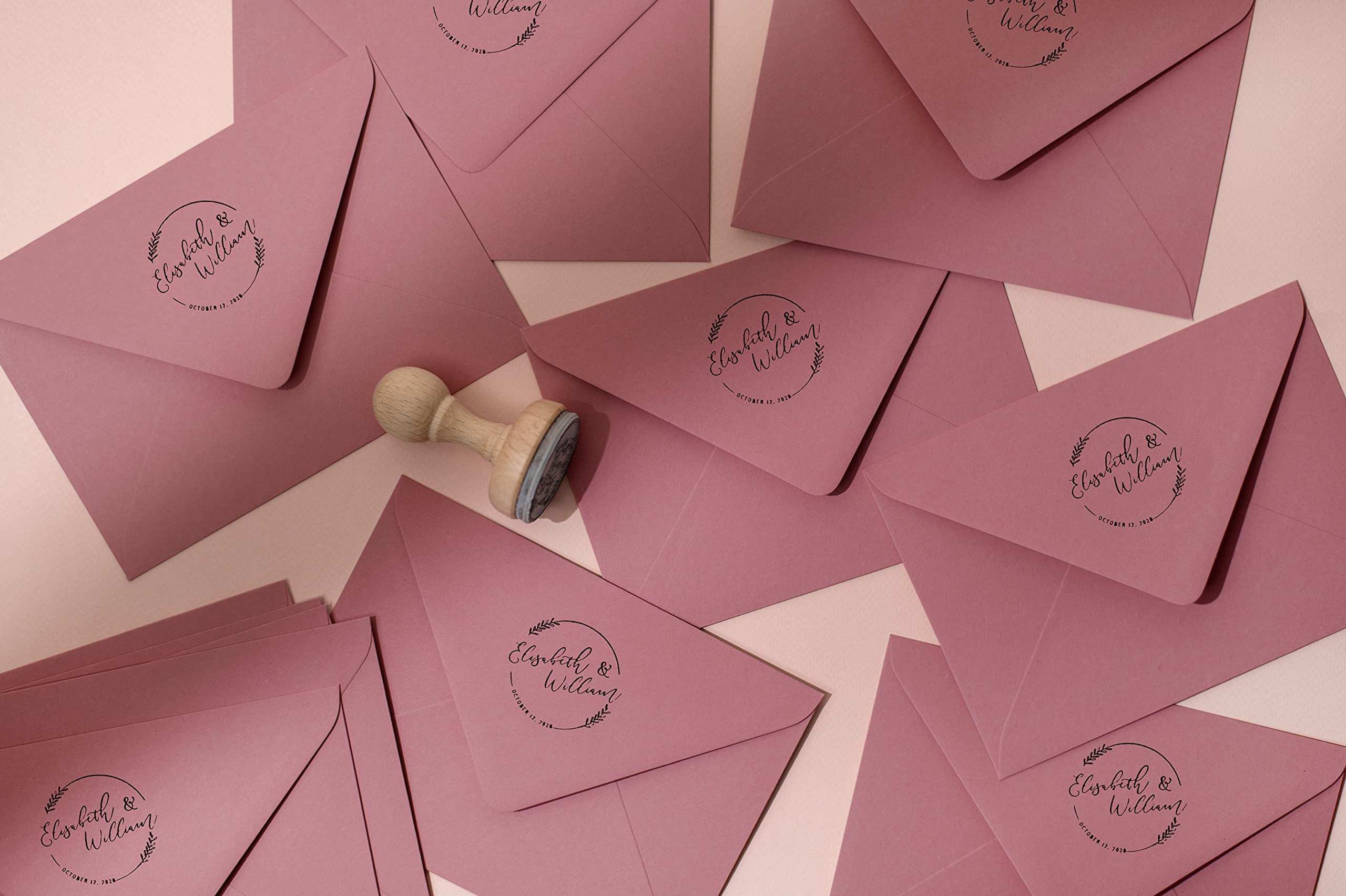 Stamp by Me | Custom Wedding Stamp | Wedding Stamp | Personalized Stamp | 12 Exclusive Designs | Wooden Stamp | Ideal for Envelopes and Wedding Invitations | Names and Date | Circular Flower Wreath