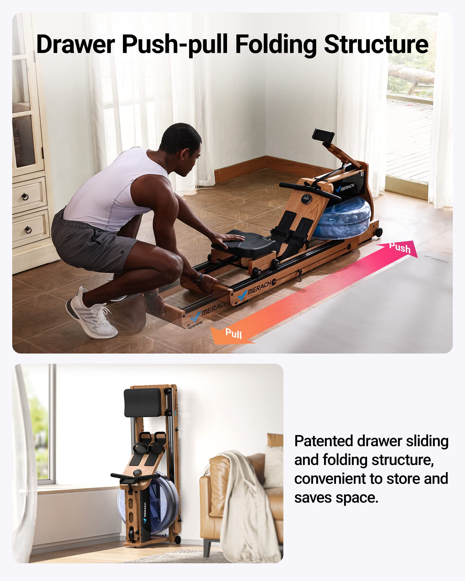 MERACH Water Electromagnetic Rowing Machine Included Exclusive App Lifetime Membership, Foldable Oak Wood Rower with MERACH Go Technology, Rowing Machine for Home Use, Patented Space Saver, 950